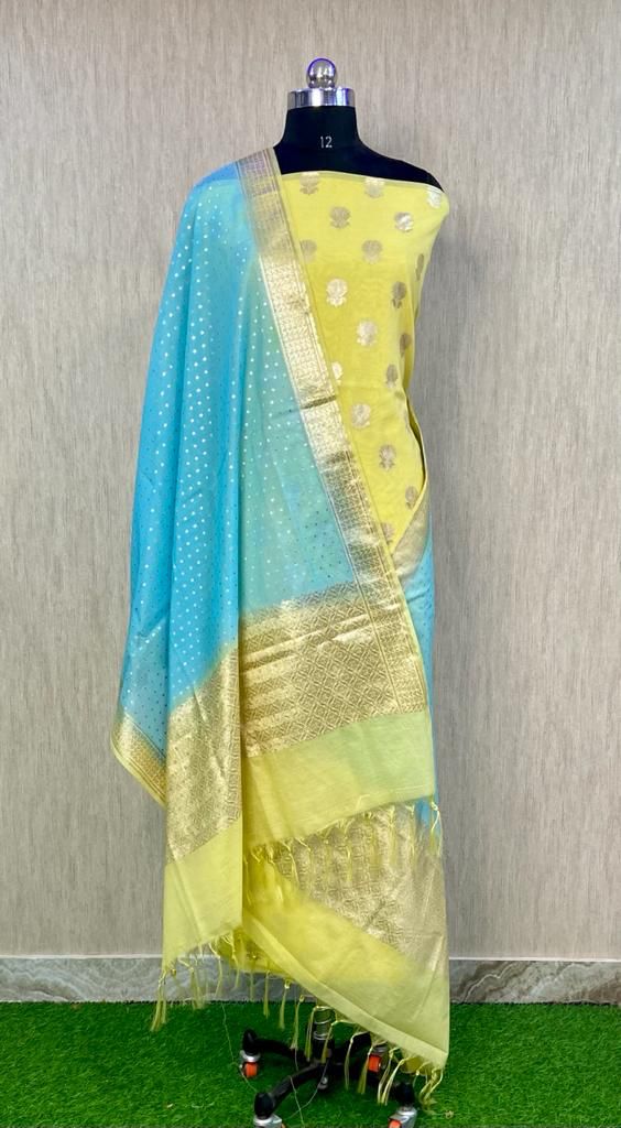 Pure Banarasi Silk Zari Woven Unstitched Suit With Lorex Woven Dupatta