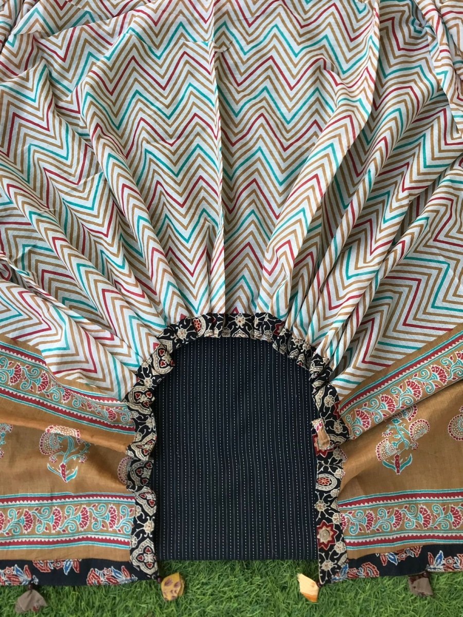 Sanganeri pure cotton dupatta patch work with ajrakh border with kantha ...